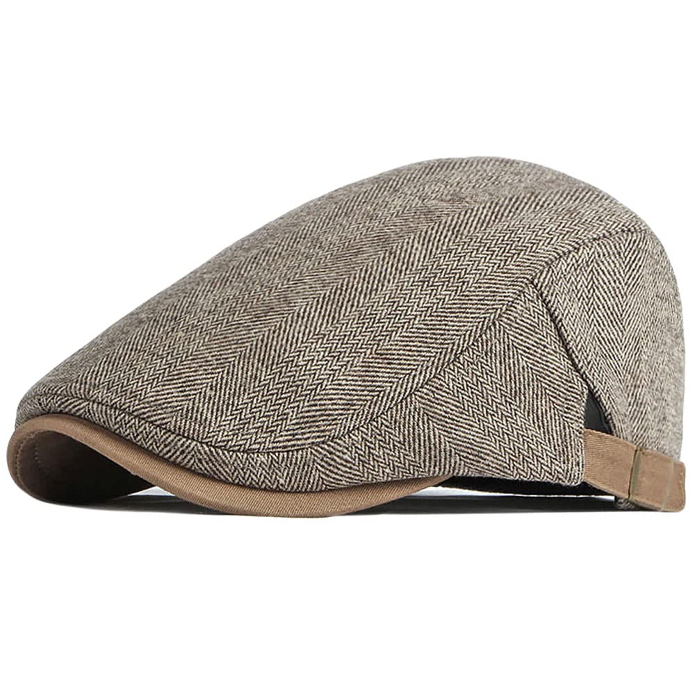 Qianuer Newsboy Hats for Men Flat Cap Adjustable Tweed Ivy Gatsby Cabbie Hat Khaki