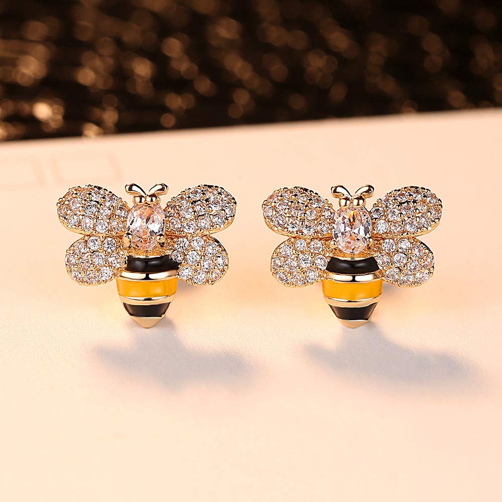 Tiny Bumblebee Stud Earrings for Women Sparkling Cubic Zirconia Crystal Cute Honeybee Cartilage Earring Statement Studs Piercing Hypoallergenic Christmas Jewelry