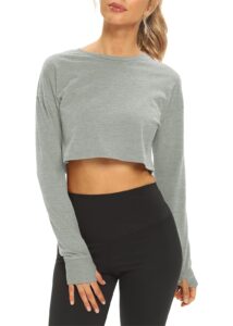 mippo crop top long sleeve workout shirts athletic gym active wear loose cropped sweaters oversized tshirts midriff tops baggy clothes for women to wear with leggings light heather gray m