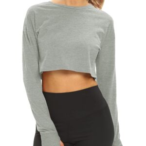 Mippo Crop Top Long Sleeve Workout Shirts Athletic Gym Active Wear Loose Cropped Sweaters Oversized Tshirts Midriff Tops Baggy Clothes for Women to Wear with Leggings Light Heather Gray M