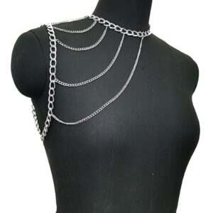 Sexy Punk Body Chain Multilayer Tassel Shoulder Chain Necklace Statement Shoulder Body Chain Necklace Jewelry Metal Neck Chain for Women (Silver 2)