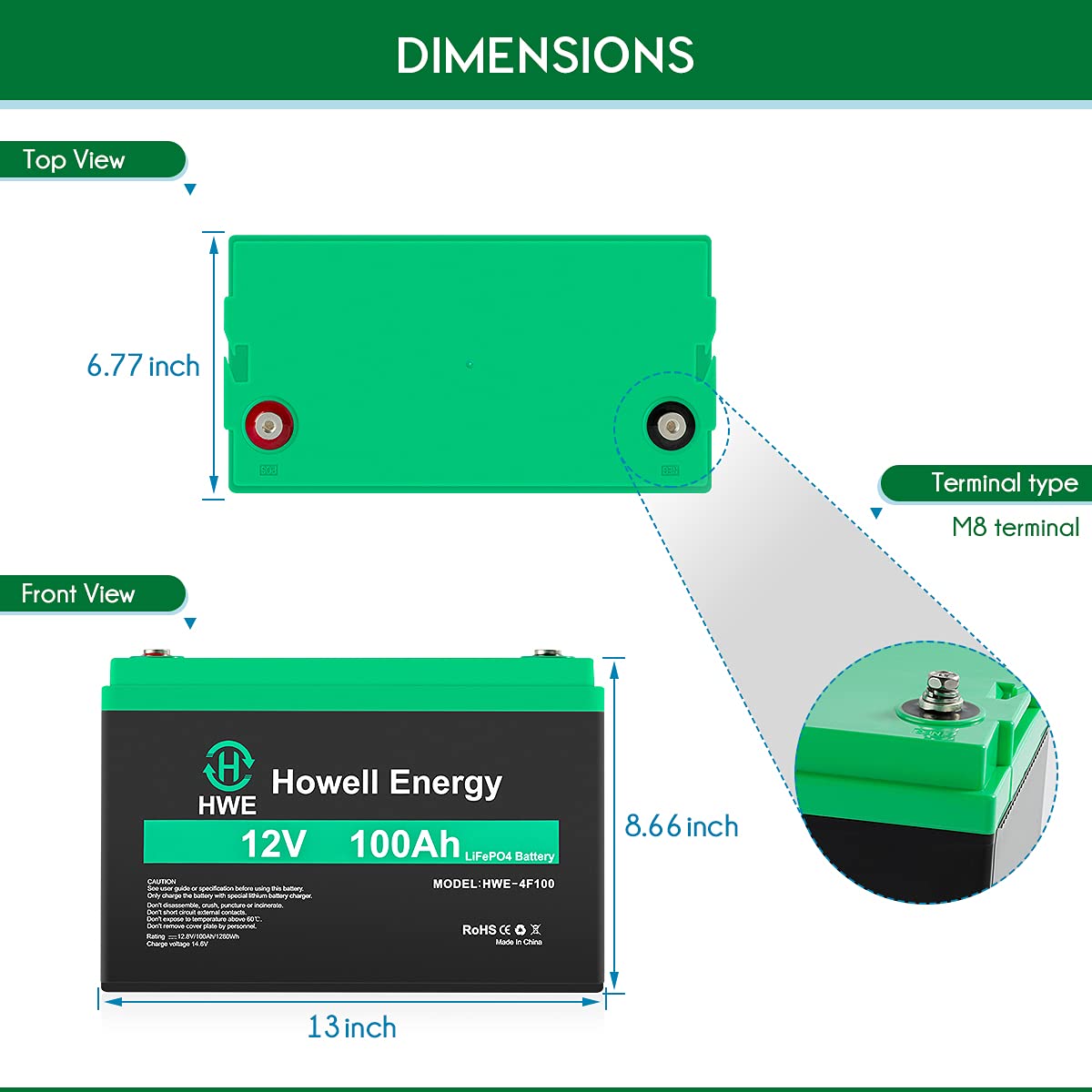 HWE 12V Battery, 12V 100Ah Lithium Battery 4000~8000 Cycles Rechargeable Deep Cycle Battery Built-in 100A BMS for RV Camper, Marine, Solar Energy Storage, UPS Battery Replacement