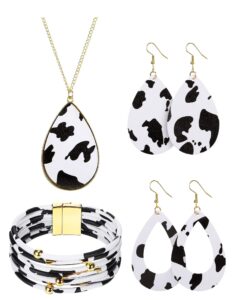 sureio 4 pcs cow print jewelry set cow print accessories for women cow print earrings pendant necklace black and white multi layer bracelet