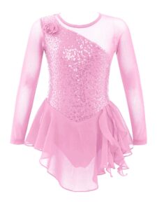 easyforever kids girls metallic snowflake ice figure skating tutu dress long sleeve gymnastic leotard performing costume pink 4 6 years