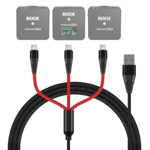 3-in-1 usb c cable replacement for rode wireless go ii microphone system, nylon braided charging cord with 3 type-c plugs 4ft