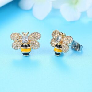 Tiny Bumblebee Stud Earrings for Women Sparkling Cubic Zirconia Crystal Cute Honeybee Cartilage Earring Statement Studs Piercing Hypoallergenic Christmas Jewelry