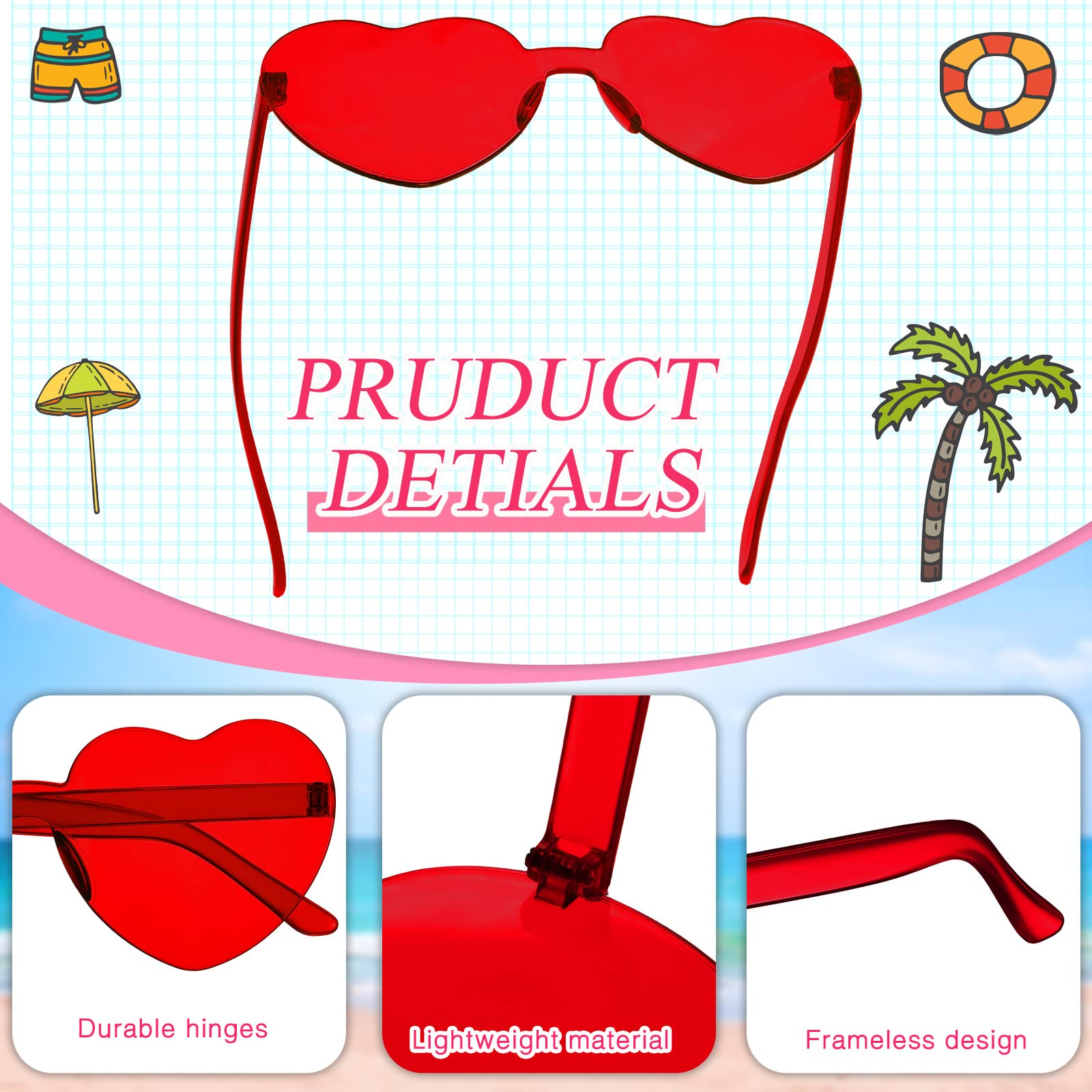 6 Pairs Valentine's Day Heart Shaped Sunglasses Transparent Color Rimless Tinted Glasses Eyewear for Women Girls Party(Red)