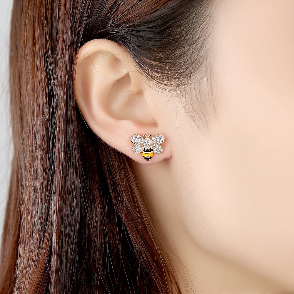 Tiny Bumblebee Stud Earrings for Women Sparkling Cubic Zirconia Crystal Cute Honeybee Cartilage Earring Statement Studs Piercing Hypoallergenic Christmas Jewelry