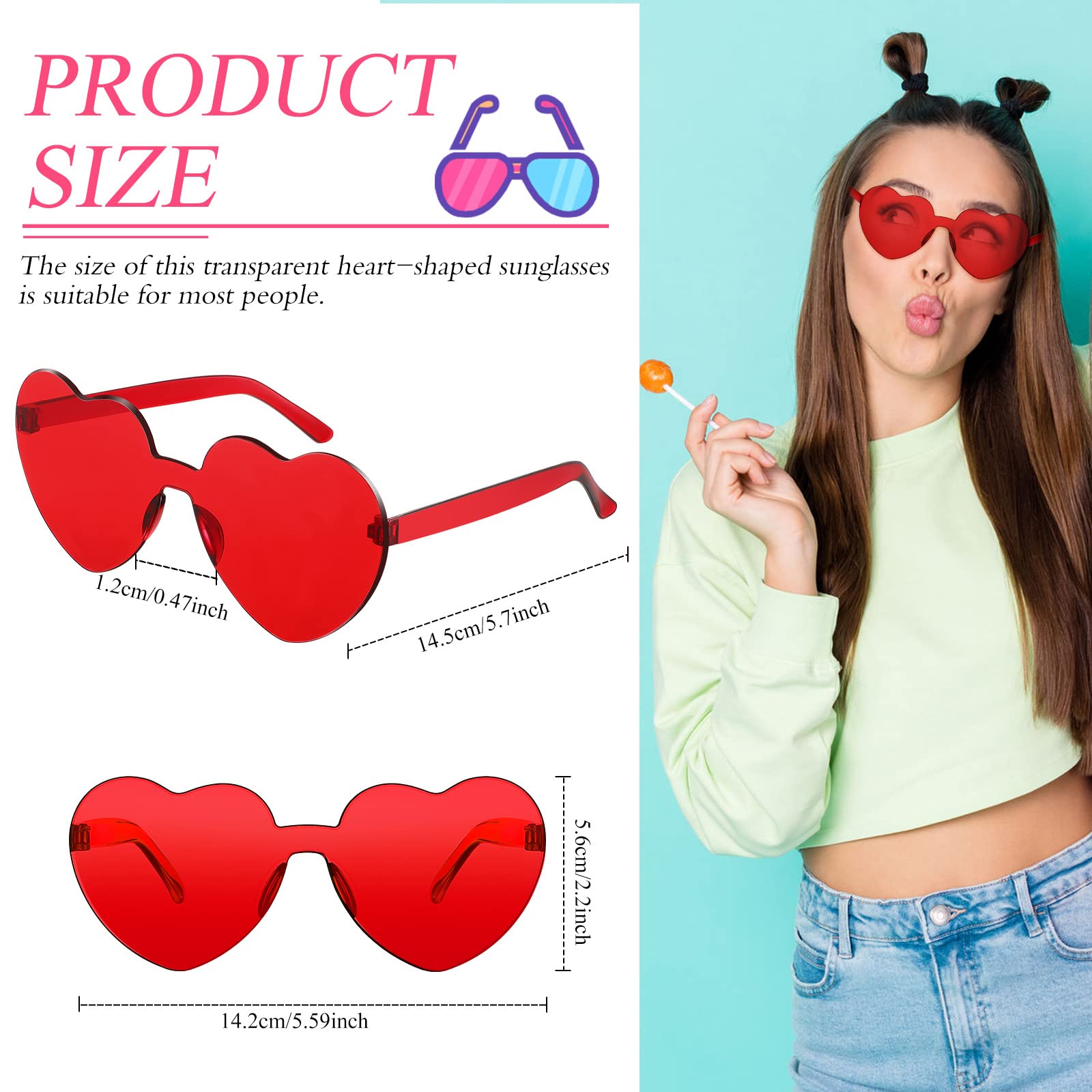 6 Pairs Valentine's Day Heart Shaped Sunglasses Transparent Color Rimless Tinted Glasses Eyewear for Women Girls Party(Pink, Red)