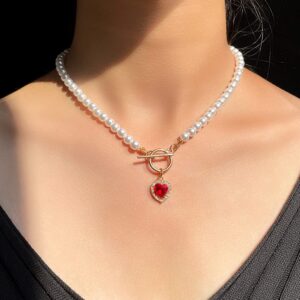 asphire vintage pearl necklace with ruby heart pendant elegant bridal crystal gem necklace toggle clasp choker necklace for women wedding festival gift