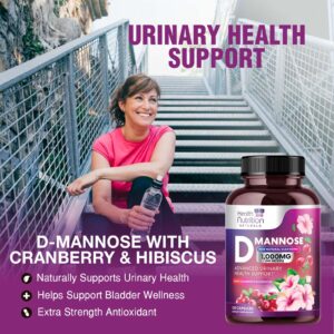 d-mannose & cranberry extract 1350mg advanced formula, fast-acting natural urinary tract health support for women & men, flush impurities in urinary tract & bladder, non-gmo, vegan - 120 capsules