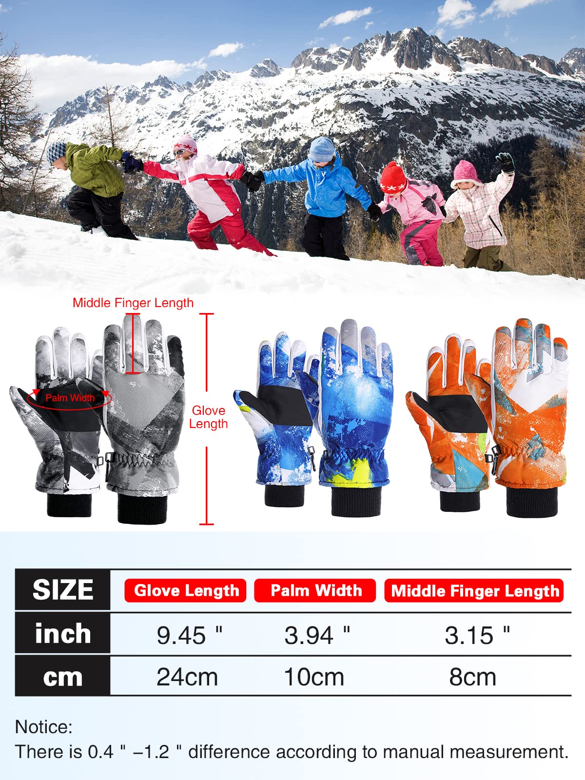 Century Star Kids Snow Gloves Warm Waterproof Gloves for Girls Boys Winter Gloves for Kids Ski Gloves Waterproof Orange 8-14 Years