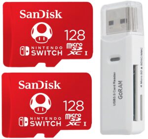 (2 pack) sandisk 128gb microsd nintendo switch micro sdxc memory card for switch & switch lite bundle with (1) goram card reader