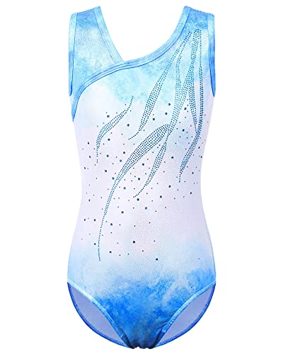 BAOHULU Gymnastics Leotard Girls Shiny Flower Ballet Dance One Piece Party Costumes B278_WhiteBlue_10A