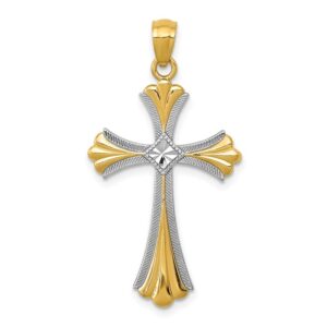 diamond2deal 14k yellow gold diamond-cut rhodium plated religious crucifix cross pendant 33mm