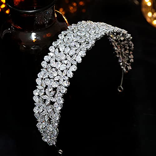 Aoligrace Cubic Zirconia Wedding Bride Headband CZ Tiaras and Crowns for Women Sweet 16 Large Headpiece Hair Accessories (Silver)