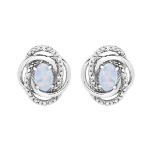 timeless love 0.40 ct created opal love knot shaped stud earrings set in polished sterling silver with 0.06 ct natural white diamond, dainty jewelry, women’s fashion earrings