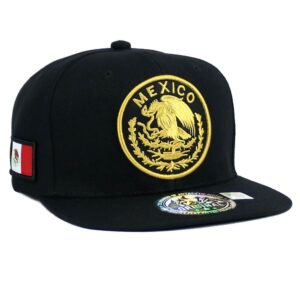 mexican hat mexico eagle federal logo embroidery snapback flat bill baseball cap (black- gold)