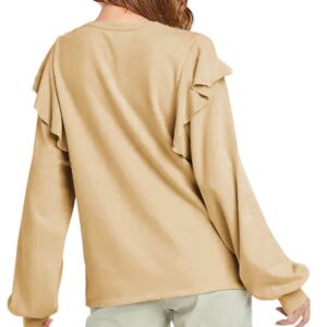 Zwurew Long Sleeve Girls Shirts Crewneck Sweatshirts Ruffle Tops Khaki Spring Clothes Shirts for Girls 9-10 Years