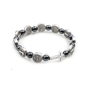 st. benedict stretch bracelet, hematite pearls & cross - catholic