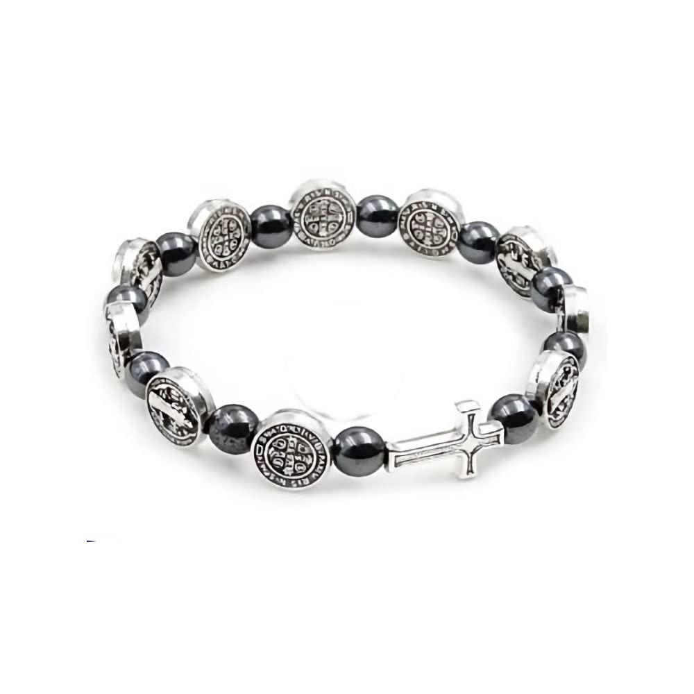 St. Benedict Stretch Bracelet, Hematite Pearls & Cross - Catholic