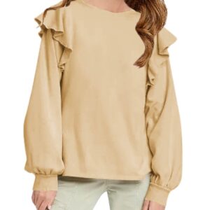 Zwurew Long Sleeve Girls Shirts Crewneck Sweatshirts Ruffle Tops Khaki Spring Clothes Shirts for Girls 9-10 Years