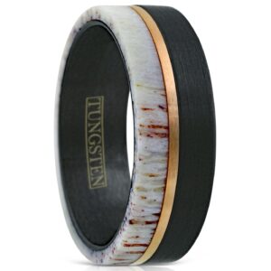 exquisite 8mm brushed finish black tungsten carbide flat band ring with rose gold stripe and raw speckled white deer antler inlay. (tungsten (8mm), 10)