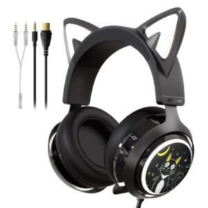 somic gs510 gaming headset, cat ear headset pc gaming headphones with retractable mic noise cancelling, stereo sound, diy face covers for pc, ps4, ps5,xbox one(only white led light)