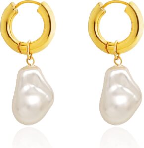 kittyouth 18k gold plated huggie hoop earrings with baroque pearl drop dangle earrings for women