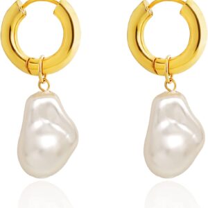 Kittyouth 18K Gold Plated Huggie Hoop Earrings with Baroque Pearl Drop Dangle Earrings for Women