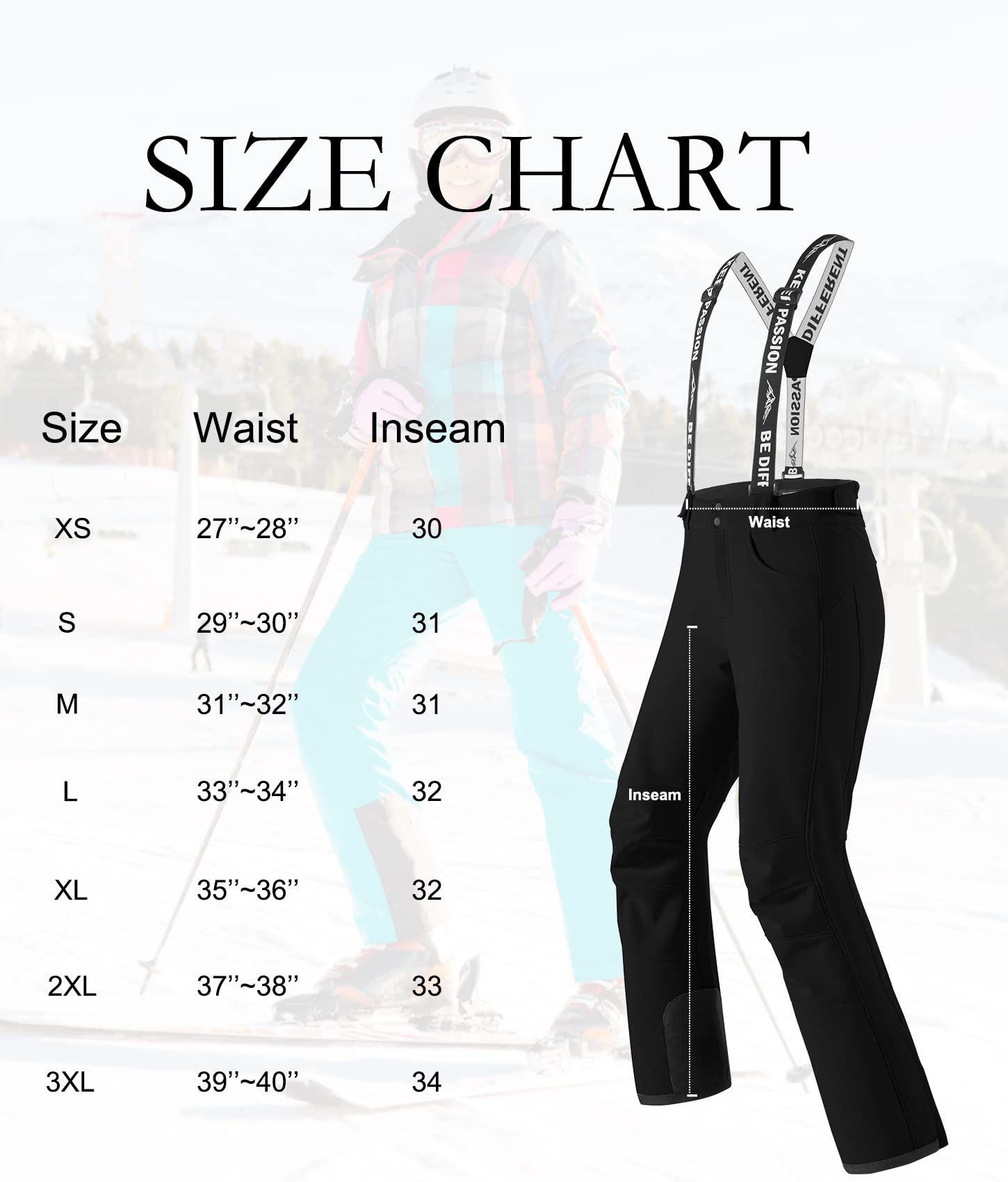 fit space Warm Ski Pants for Women Zip-Off Suspenders Winter Snow Bibs Waterproof Breathable Stretch (Large, Black)