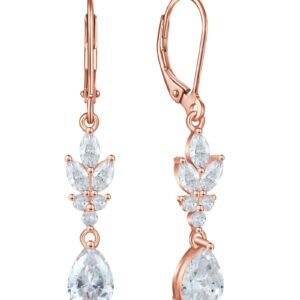 YL Wedding Dangle Drop Earrings for Brides Bridesmaid 925 Sterling Silver Prom Bridal Leverback Earring Rose Gold Cubic Zirconia Jewelry for Women