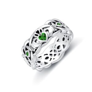 seiyang claddagh ring for women sterling silver claddagh birthstone ring irish band (emerald, 7)