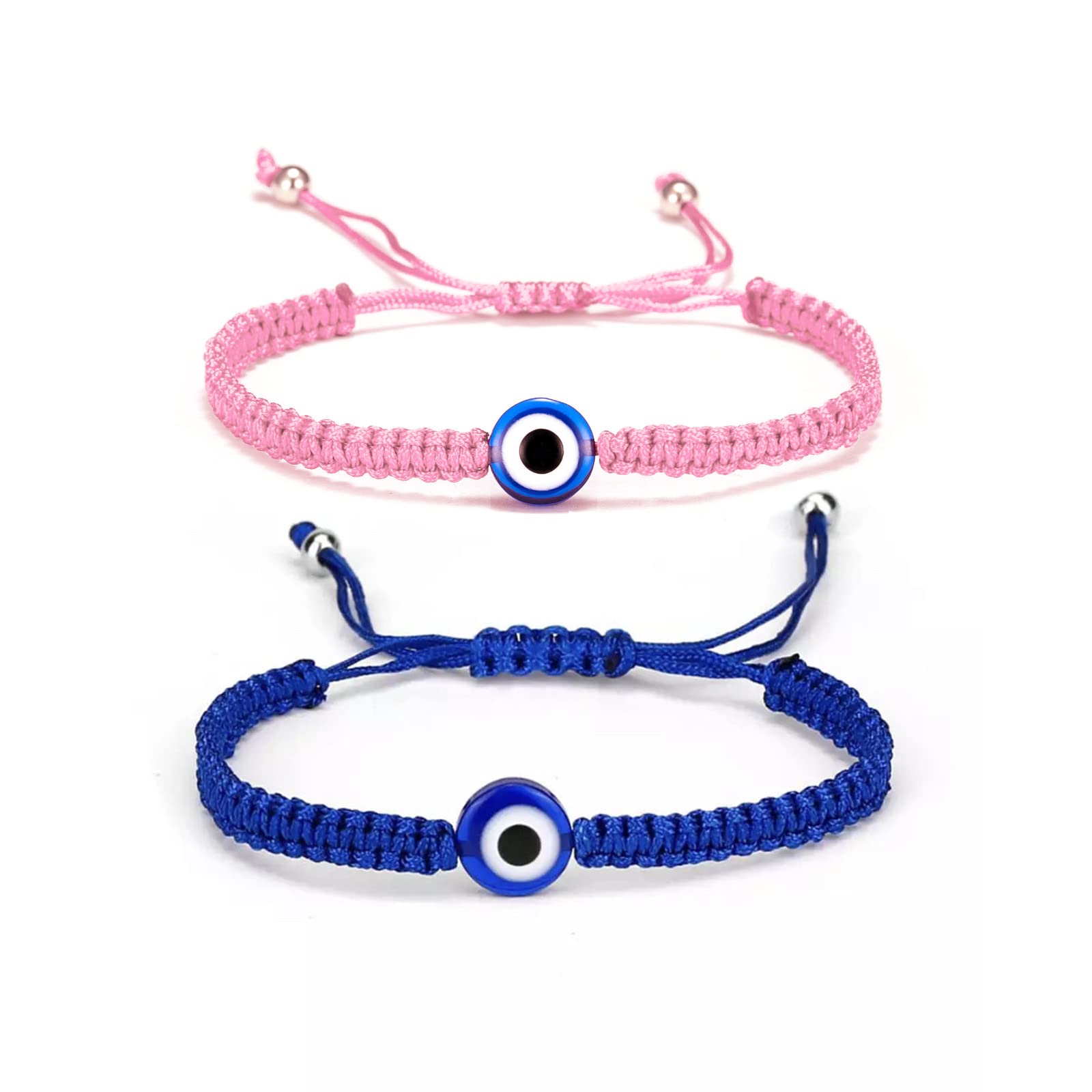 COLORFUL BLING Handmade Evil Eye Strand Bracelet for Couple Valentines Day Amulet Jewelry Gift, 2Pcs Braided Evil Eye Bracelet for Women Men Christmas Protection Jewelry-pink blue