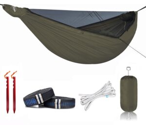 onewind 11ft camping hammock with mosquito net and structure ridgeline, lightweight portable double hammock with 12ft tree straps, ideal for camping, hiking, backpacking, od green