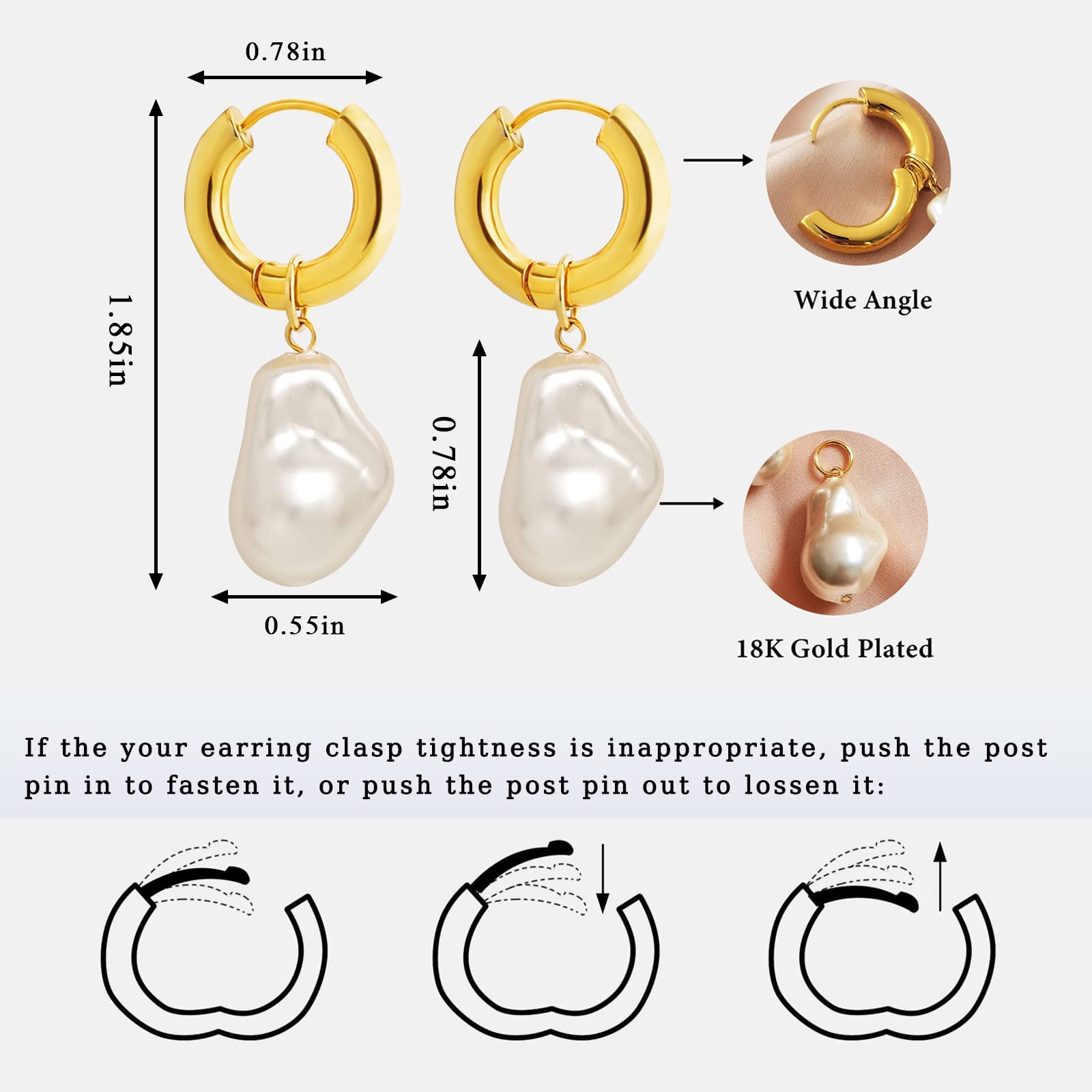 Kittyouth 18K Gold Plated Huggie Hoop Earrings with Baroque Pearl Drop Dangle Earrings for Women