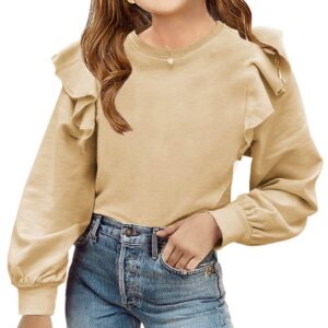 Zwurew Long Sleeve Girls Shirts Crewneck Sweatshirts Ruffle Tops Khaki Spring Clothes Shirts for Girls 9-10 Years