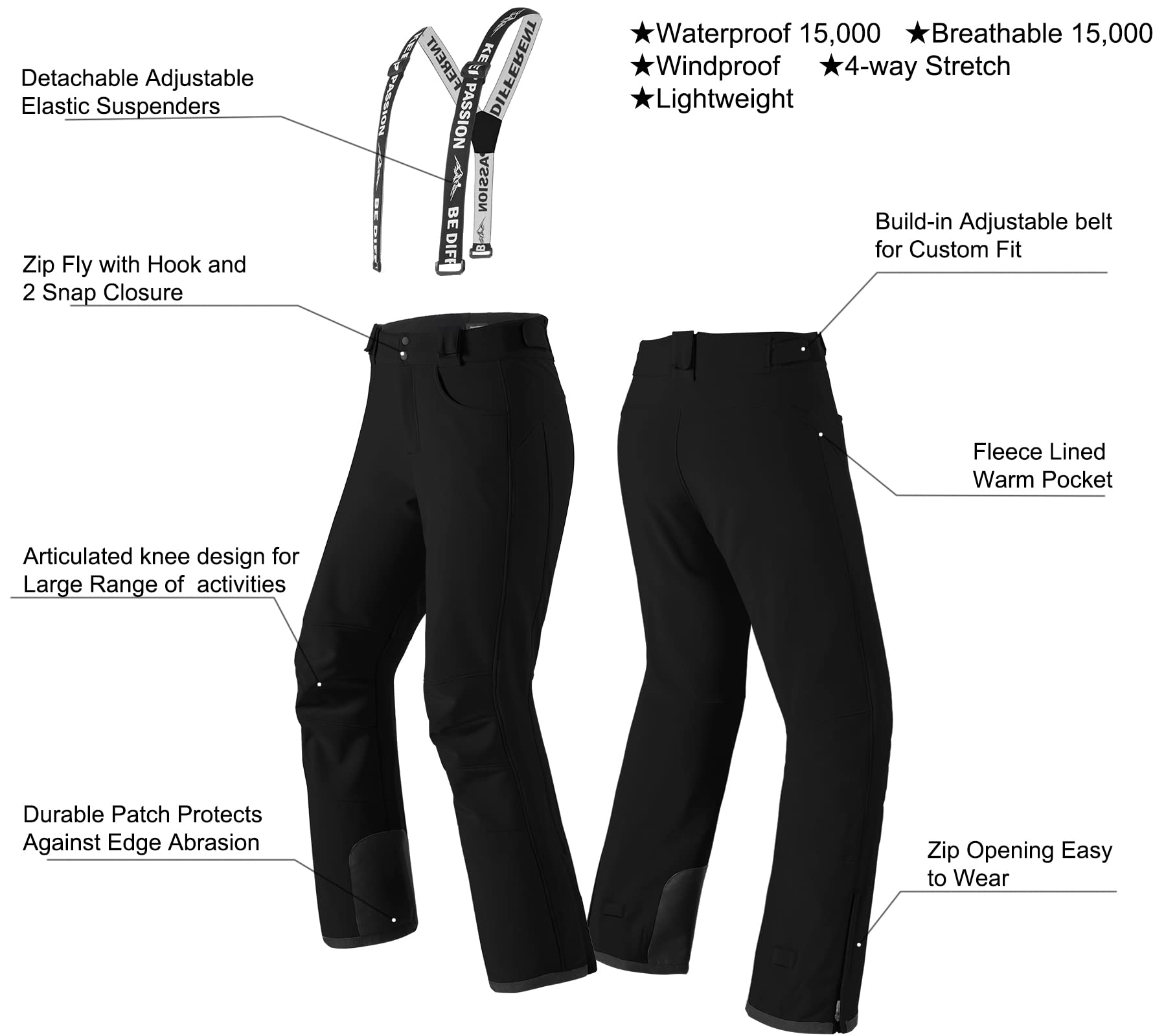 fit space Warm Ski Pants for Women Zip-Off Suspenders Winter Snow Bibs Waterproof Breathable Stretch (Large, Black)