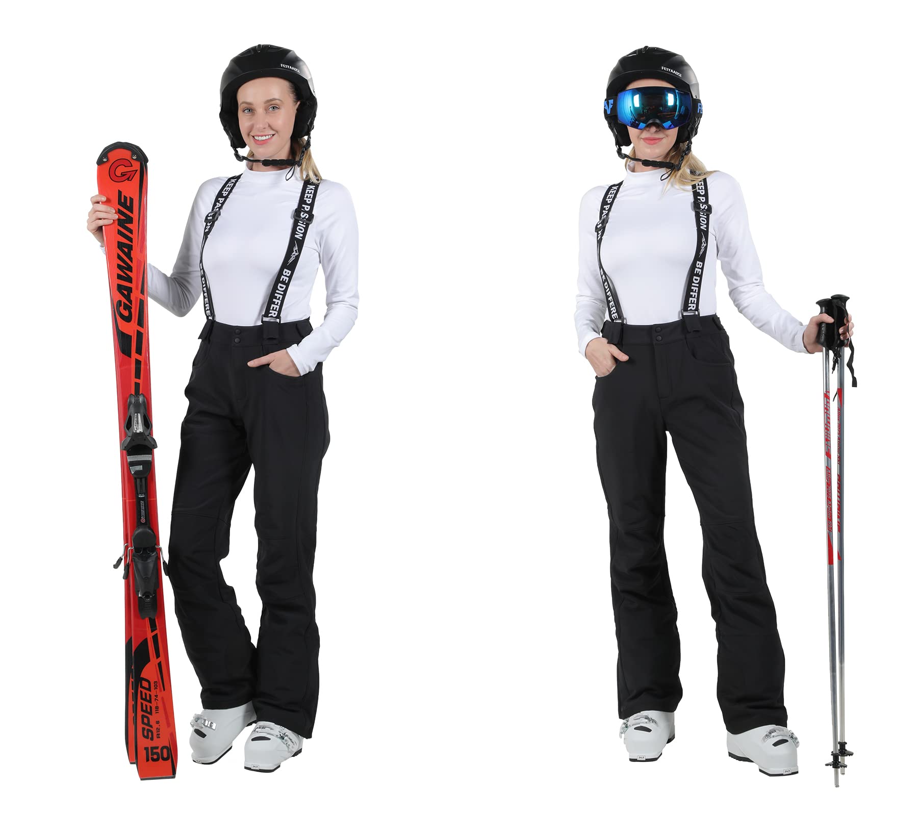 fit space Warm Ski Pants for Women Zip-Off Suspenders Winter Snow Bibs Waterproof Breathable Stretch (Large, Black)