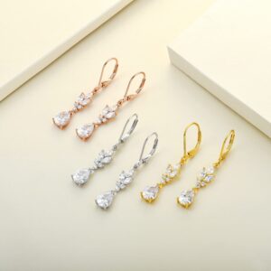 YL Wedding Dangle Drop Earrings for Brides Bridesmaid 925 Sterling Silver Prom Bridal Leverback Earring Rose Gold Cubic Zirconia Jewelry for Women