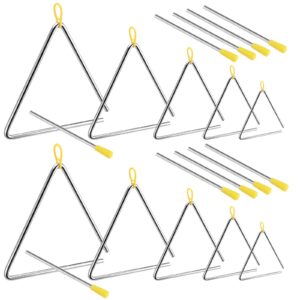 sinjeun 10 pack musical steel triangle, 4, 5, 6, 7, 8 inches triangle musical instrument with striker and finger holder, triangle hand percussion instrument for music learning and teaching