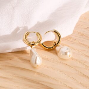 Kittyouth 18K Gold Plated Huggie Hoop Earrings with Baroque Pearl Drop Dangle Earrings for Women