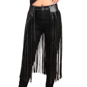 ayliss women tassel fringe skirt belt punk waist dress belt vintage pu leather waistband rocker dance performance costume (black)