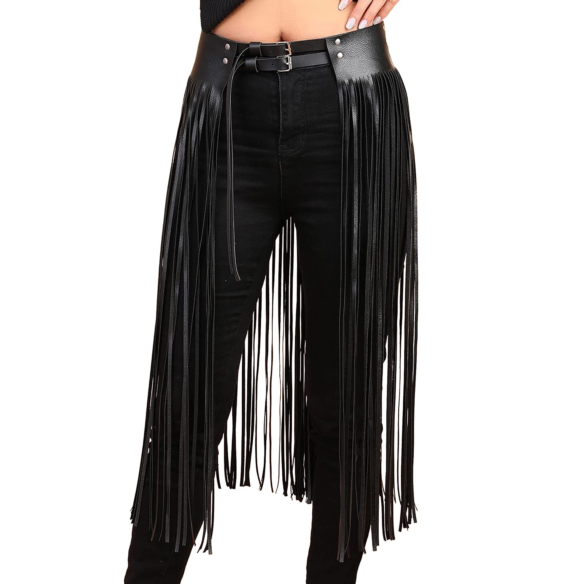 Ayliss Women Tassel Fringe Skirt Belt Punk Waist Dress Belt Vintage PU Leather Waistband Rocker Dance Performance Costume (Black)