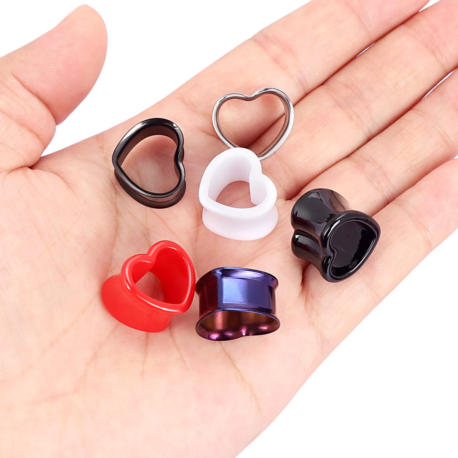 Longbeauty 6 Pairs Heart Shape Gauges for Ears Ear Tunnels Plugs Mix Color Stretchers Expander 0g-5/8 inch