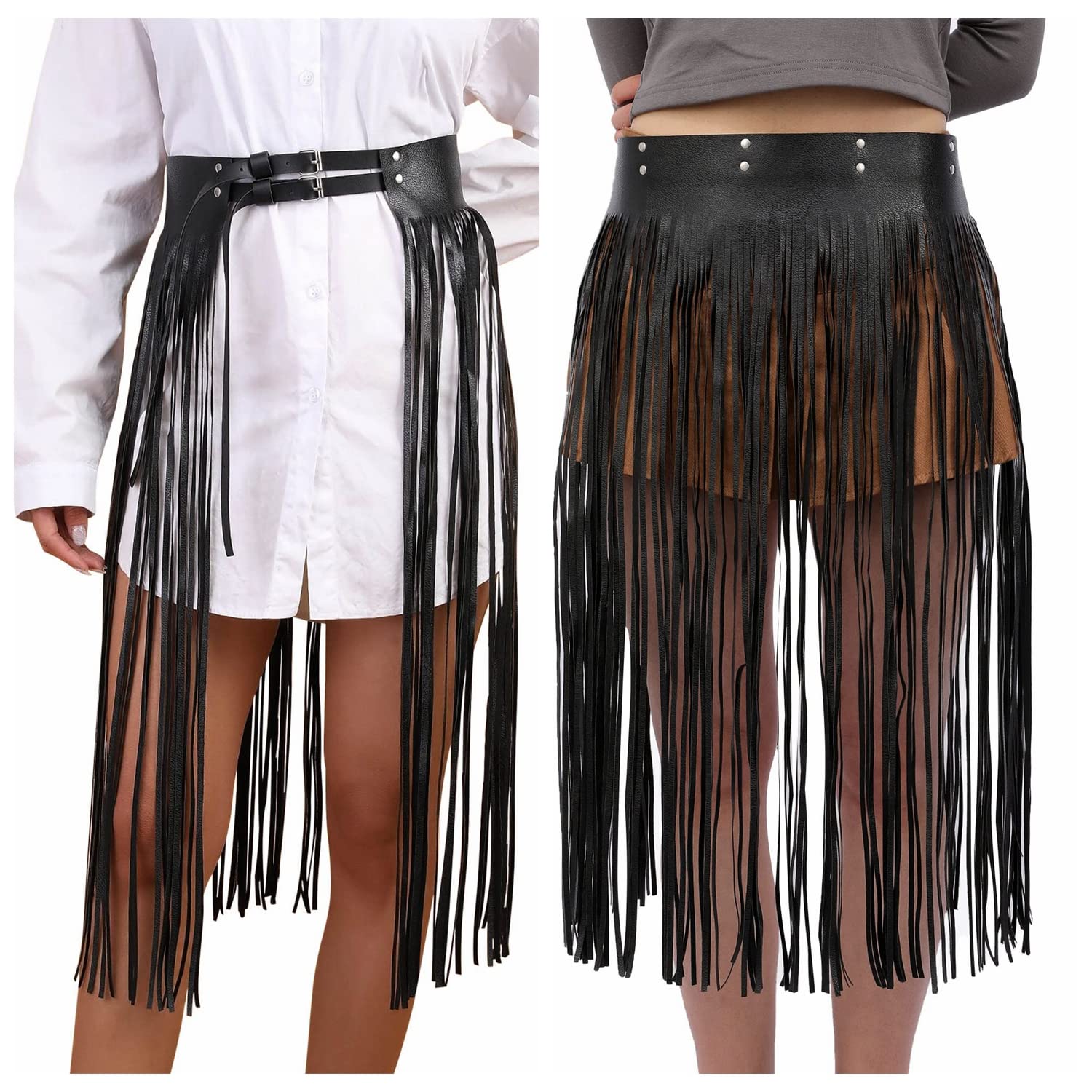 Ayliss Women Tassel Fringe Skirt Belt Punk Waist Dress Belt Vintage PU Leather Waistband Rocker Dance Performance Costume (Black)