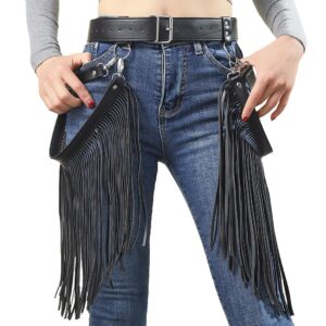 ayliss women punk waist belt long tassel fringe fashion dress belt pu leather gothic waistband adjustable rock jeans belts (black)