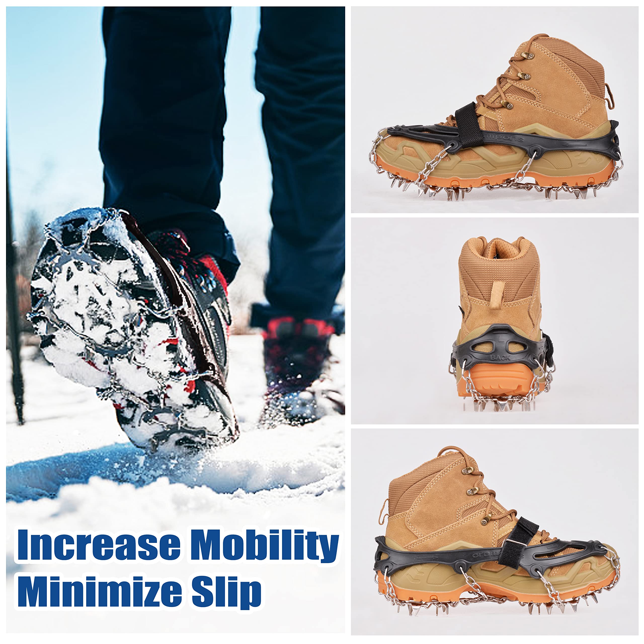 OROOTL Crampons Ice Cleats Snow Traction Grippers with 19 Stainless Steel Studs for Hiking Boots and Shoes Men Women Kids Anti Slip Snow Chains with Straps for Walking Camping Jogging Ice Fishing