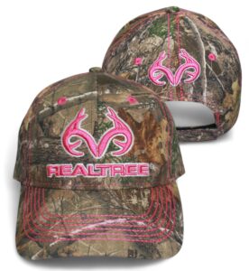 realtree 3d pink antler logo hunting camo cap hat visor, rt edge, ladies fit, low-mid profile structured, wicking sweatband, vel-cro back