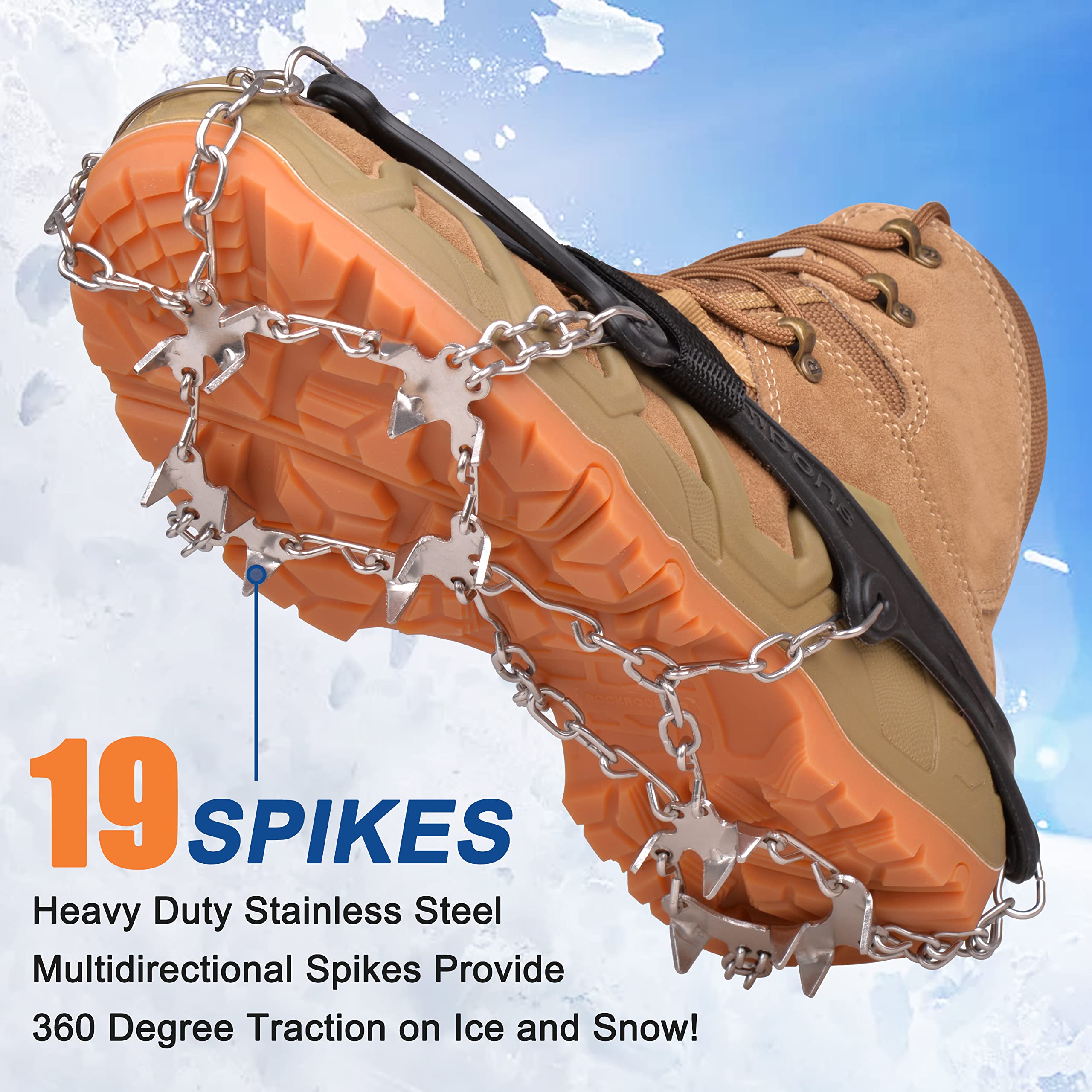 OROOTL Crampons Ice Cleats Snow Traction Grippers with 19 Stainless Steel Studs for Hiking Boots and Shoes Men Women Kids Anti Slip Snow Chains with Straps for Walking Camping Jogging Ice Fishing